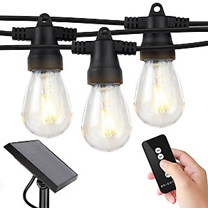 Brightech Ambience Pro – Solar Power Remote Control Outdoor String Lights with Edison Bulbs – Shatterproof, Commercial Grade LED Waterproof Patio Lights, Christmas – 1W 15 Bulbs, 3,000K, 48 ft