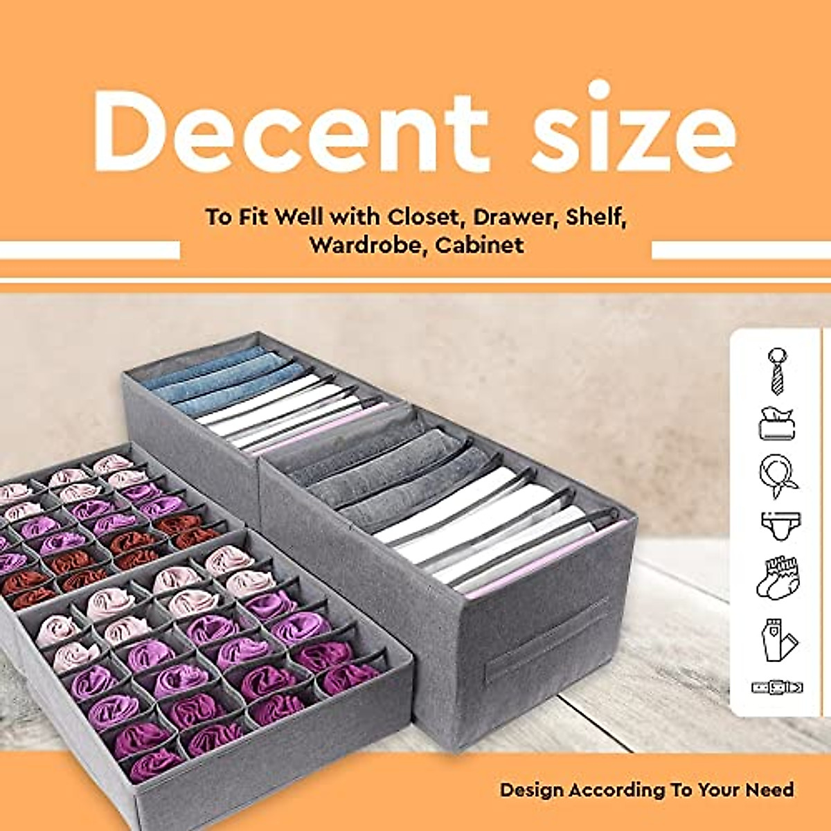 2 Wardrobe Clothes Organizer 7 Grids and 2 Sock Underwear Organizer Dividers 24 Cell with Zipper, Drawer organizers for clothing, Closet Organizers for jeans, underwear, socks and Ties, 4 packs in 1