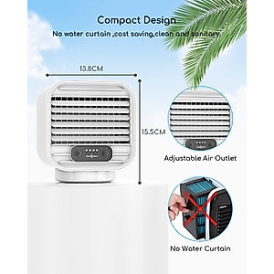 Portable Air Conditioner, 3-in-1 Mini Air Conditioner with 3 Speeds, Built-in 2000mAh Battery and Removable Water Tank, Quiet Personal Air Cooler Easy to Carry for Home Dorm Office Outdoors