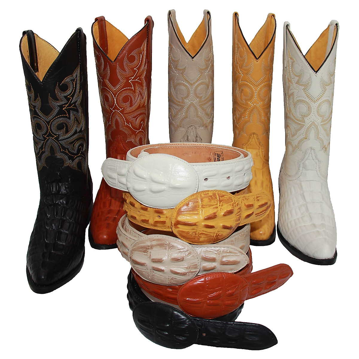 Western Shops Mens Leather Crocodile Alligator Design Cowboy Western Boots with Free Belt (6.5,Black)