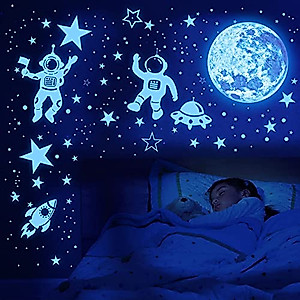 Glow in The Dark Stars for Ceiling Glow in The Dark Moon and Space Wall Decals Luminous Astronaut Universe Planet Galaxy Wall Stickers Outer Space Decal for Kids Boys Girls Bedroom Christmas Gift (Sky blue)