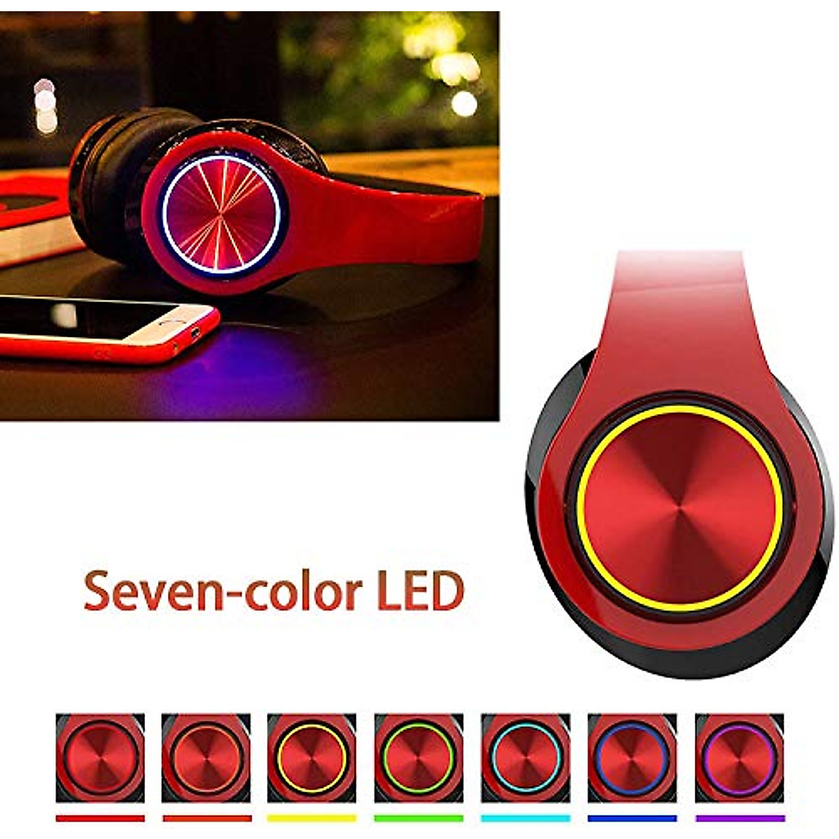 Bluetooth Headphones Over Ear Headphones with Deep Bass LED Foldable Stereo Headphones, Wired and Wireless Headset for Smart Phone/TV/PC(Red/Black)