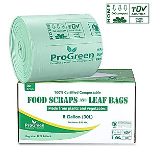 ProGreen 100% Compostable Bags 8 Gallon (30L), Extra Thick 0.85 Mil, 30 Count, Small Kitchen Trash Bags, Food Scraps Yard Waste Bags, ASTM D6400 BPI and TUV Austria Certified.