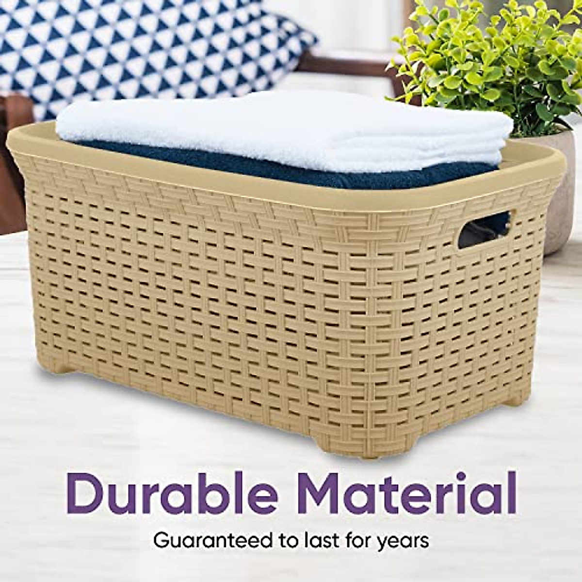 Superio Laundry Basket Plastic Storage Hamper Basket, Beige Cloths Basket Organizer with Cut-Out Handles. Space Saving for Laundry Room Bedroom Bathroom, Wicker Design 50 Liter (2 Pack)