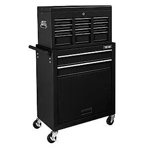 TUFFIOM 8-Drawer Rolling Tool Chest w/Lock & Key, Tool Storage Cabinet w/Wheels, Detachable Top, Drawers & Side Hooks, Mechanic Tool Organizer Box for Garage Warehouse Repair Shop, Black