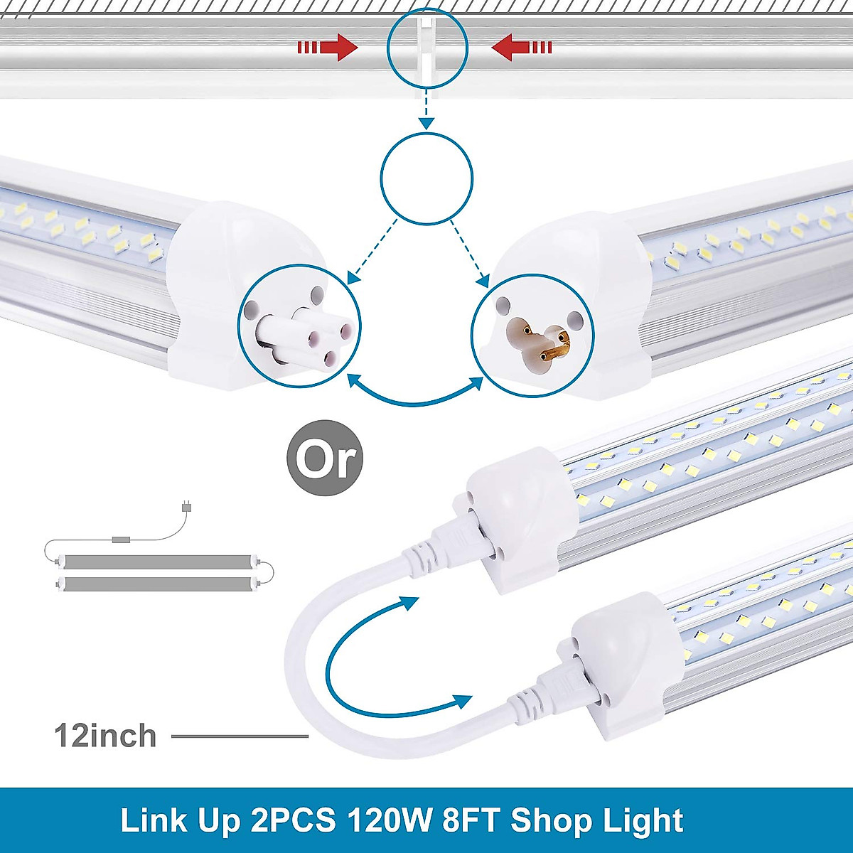 8FT 120W Linkable Shop Light Fixture, T8, 6000K, Clear Cover, V Shape, LED Shop Lights, Cold White, 8 Foot LED Tube Light, High Output, LED Light Bulb for Garage, Warehouse, Plug and Play,(12-Pack)