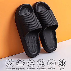 rosyclo Cloud Slides Slippers for Women and Men, Pillow Shower Bathroom Non-Slip Open Toe Super Soft Comfy Home House Cloud Cushion Slide Sandals for Indoor & Outdoor Shoes, Black