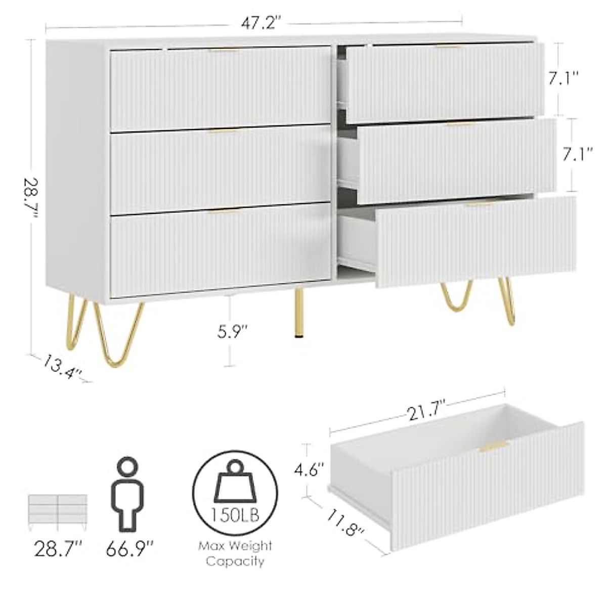 Aobafuir 6 Drawer Dresser, Drawer Chest, Tall Storage Dresser Chest Cabinet Organizer Unit with Metal Legs, Large Dresser for Bedroom, Living Room, Closet, Hallway White Stripe