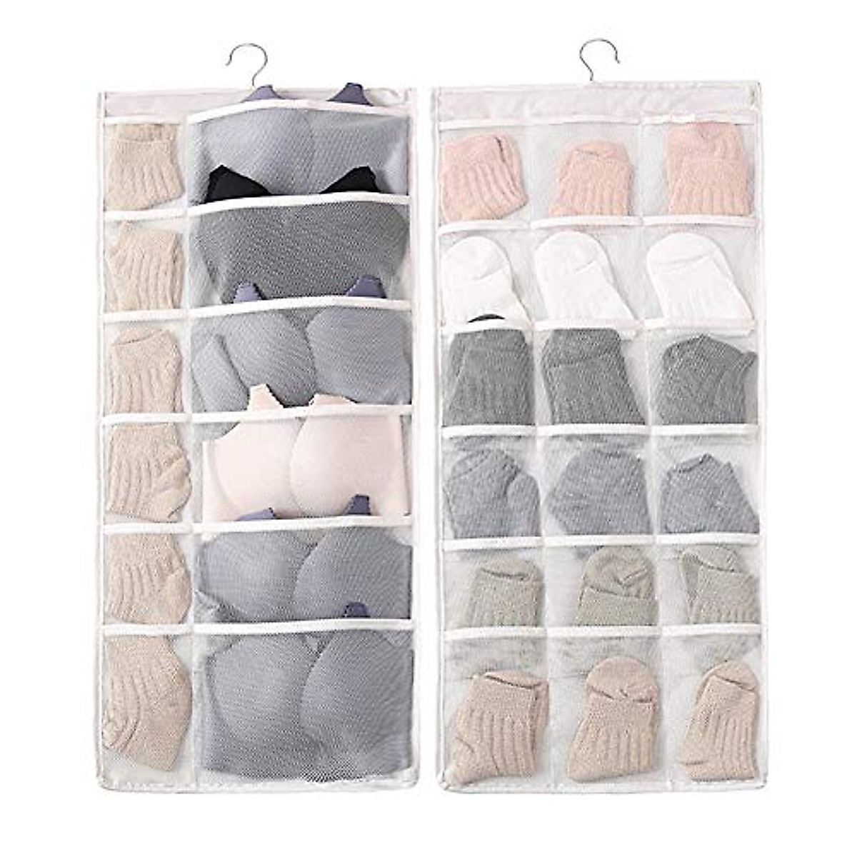 Home Closet Hanging Organizer Mesh Pockets Dual Sided Wall Shelf Wardrobe Storage Bags for Bra Underwear Socks Jewelry Gadget Included 2 Hooks 2 Clothes Hanger Connector Hooks (Beige, 30 Pocktes)