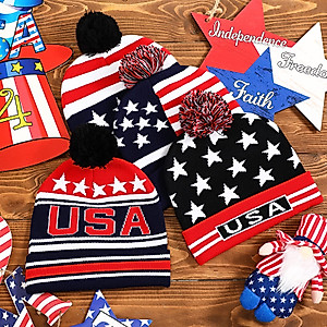 Tarpop 4 Pcs Winter Hat American Flag Pom Knit Beanie Fun USA Hat Warm Cuffed Beanie for Cold Days Men Women, Large(Delicate)