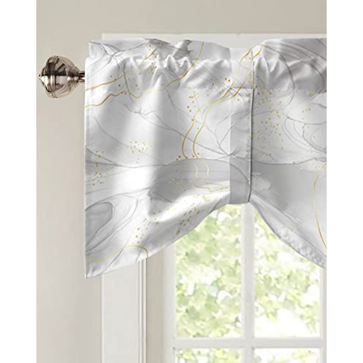 Tie Up Valance Curtains Abstract White Grey Marble Stone Kitchen Cafe Valances for Windows,Rod Pocket Adjustable Balloon Window Shades for Living Room Bathroom Natural Agate with Gold Line,1 Panel
