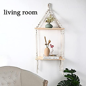 levylisa Macrame Wall Hanging Shelf 2 Tier Boho Shelves Organizer Hanger Floating Shelve for Kitchen, Bathroom, Home Storage, Floating Indoor Plant Wall Shelf