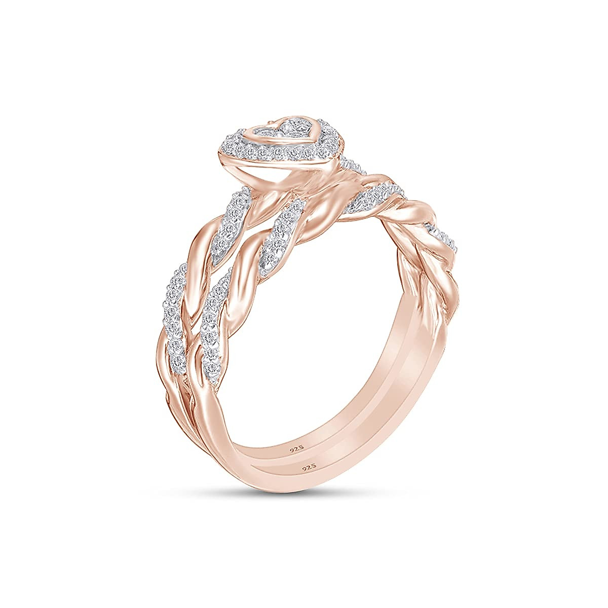 Wishrocks 1/5 Carat Round Cut White Natural Diamond Heart Shape Frame Twist Bridal Ring Set in 14k Rose Gold Over Sterling Silver (0.20 Cttw, Color- I-J, Clarity- I2) Ring Size- 8.5