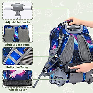 NEW TILAMI 18 Inch Rolling Backpack with Lunch Bag Wheeled Laptop Kids Backpack School Bags Trip Luggage, Deep Space