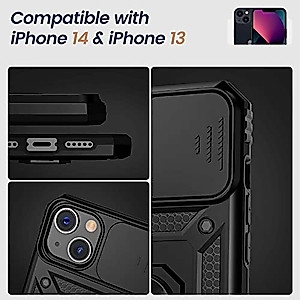 Goton Armor Case for iPhone 14 Case & iPhone 13 Case with Slide Camera Cover & Kickstand, Heavy Duty Military Grade Protection Phone Case, Built-in Rotate Ring Stand, Shockproof Rugged Case Black