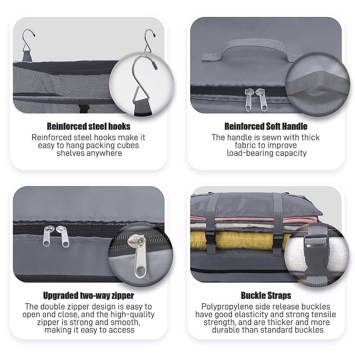 Lilyfantasy Portable Hanging Travel Shelves Bag, Travel Packing Cube Organizer, Large Capacity Carry-On Closet, Foldable Suitcase Storage with 4 Compartments (Grey)