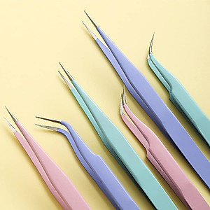 ARFUKA Tweezers Eyelash Extension Tweezers Set Stainless Steel Straight and Curved Tip Tweezers for Nail Art Sticker, Eyelash Extensions, Craft, Jewelry Pack of 6