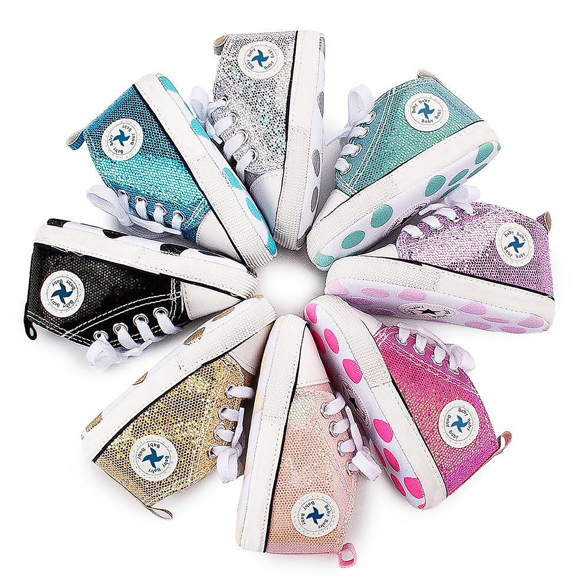 Baby Girls Boys Shoes Soft Anti-Slip Sole Newborn First Walkers Star High Top Canvas Denim Unisex Infant Sneaker (B01-sequins Sliver, 0-6 Months)