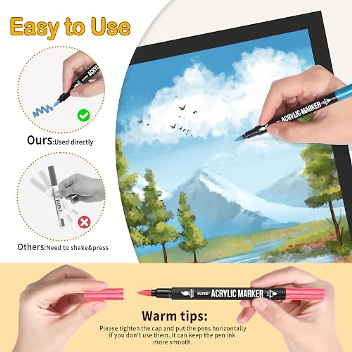 SUNEE 24 Colors Acrylic Paint Pens, Dual Tip Marker Pens With Medium Tip and Brush Tip, Paint Markers for Rock Painting, Wood, Canvas, Stone, Glass, Ceramic Surfaces, DIY Crafts Making Art Supplies