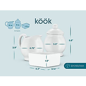 Kook Ceramic Sugar & Creamer Set, 3 Piece Porcelain Coffee Serving Set, Milk Pitcher, Sugar Bowl with Lid and Sweetener Packet Holder, Dishwasher Safe, White