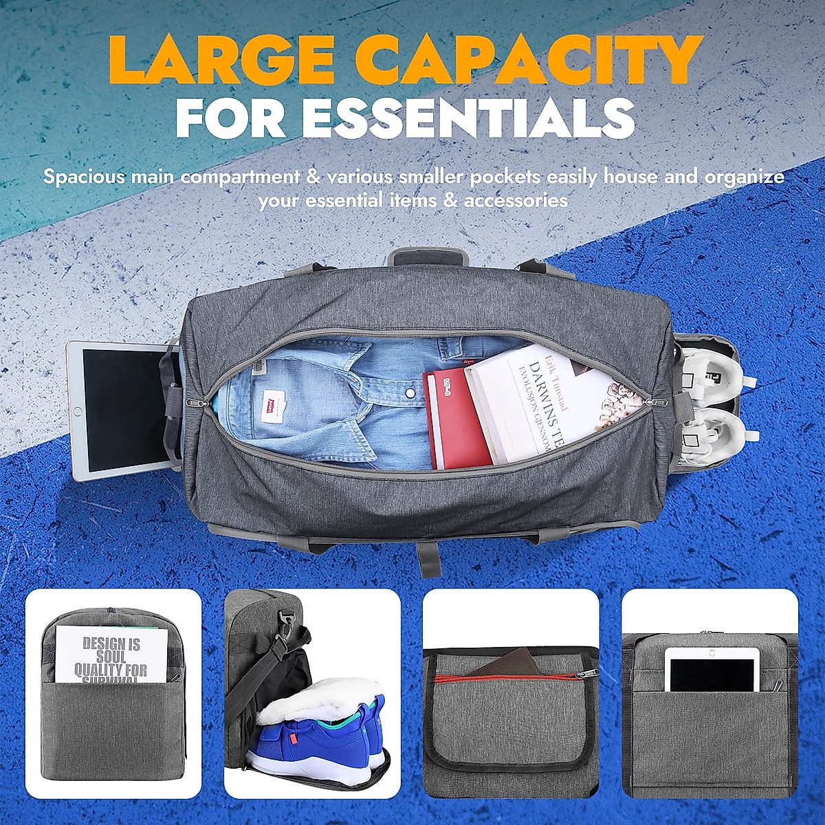 Canway 65L Travel Duffel Bag, Foldable Weekender Bag with Shoes Compartment for Men Women Water-proof & Tear Resistant