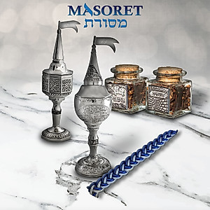 Masoret Set: Blue Havdalah Candle 11.8" with Glass Besamim Holder 2.4" 1.6" with Laser-Cut Plaque
