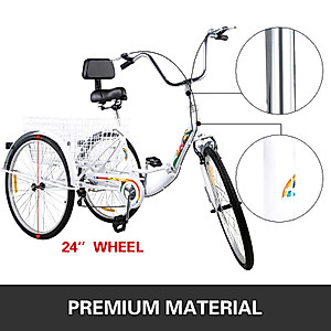 Bkisy Tricycle Adult 24’’ 7-Speed 3 Wheel Bikes for Adults Three Wheel Bike for Adults Adult Trike Adult Folding Tricycle Foldable Adult Tricycle 3 Wheel Bike Trike for Adults (White)