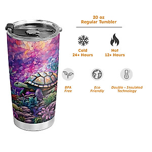 20oz Purple Stained Glass Flower Sea Turtle Tumbler, Gifts for Turtle Lovers, Ocean, Beach Gifts, Coffee Thermos for Women, Stainless Steel Double Wall Vacuum Insulated Coffee Mug, Travel Cup with Lid