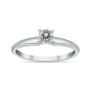 SZUL 1/10 Carat Round Diamond Solitaire Ring in 14K White Gold