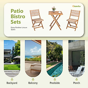Olaterior 3 Piece Acacia Wood Patio Bistro Set, Outdoor Folding Bistro Table and Chairs Set of 2, Small Rope Conversation Set, Patio Furniture for Apartment Balcony Deck Porch, Beige