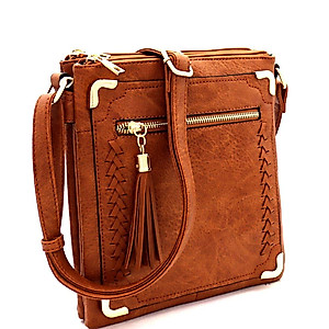 Boho Tassel Braid Detail Large Roomy Vegan Leather Multi Compartment Crossbody Shoulder Bag Messenger