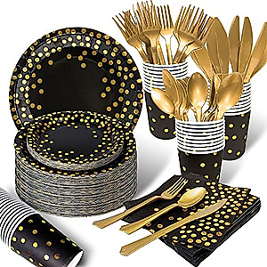 175PCS Black and Gold Party Supplies, Severs 25 Disposable Party Dinnerware, Gold Plastic Forks Knives Spoons and Golden Dot Black Paper Plates, Black Napkins Cups for Graduation, Birthday, Wedding