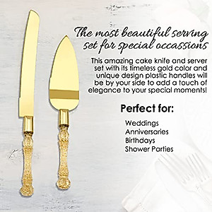Homi styles Wedding Cake knife and Server Set | Glitter Gold Color Premium 420 Stainless Steel Titanium gold plated Blades | Cake & Pie Serving Set for Wedding Cake, Birthdays, Anniversaries, Parties