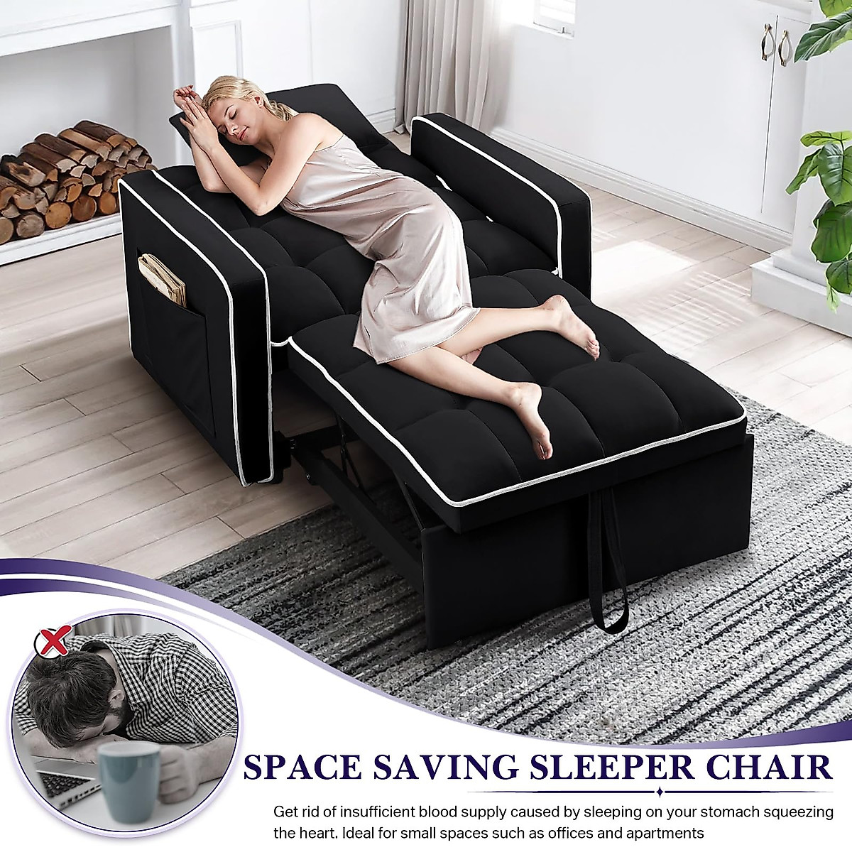 Convertible Sleeper Chair Bed, 3 in 1 Modern Velvet Pull Out Sofa Bed Chair, Small Tufted Single Sleeper Chair with Adjustable Backrest/Pillow for Living Room, Small Spaces, Apartment, Office, Black