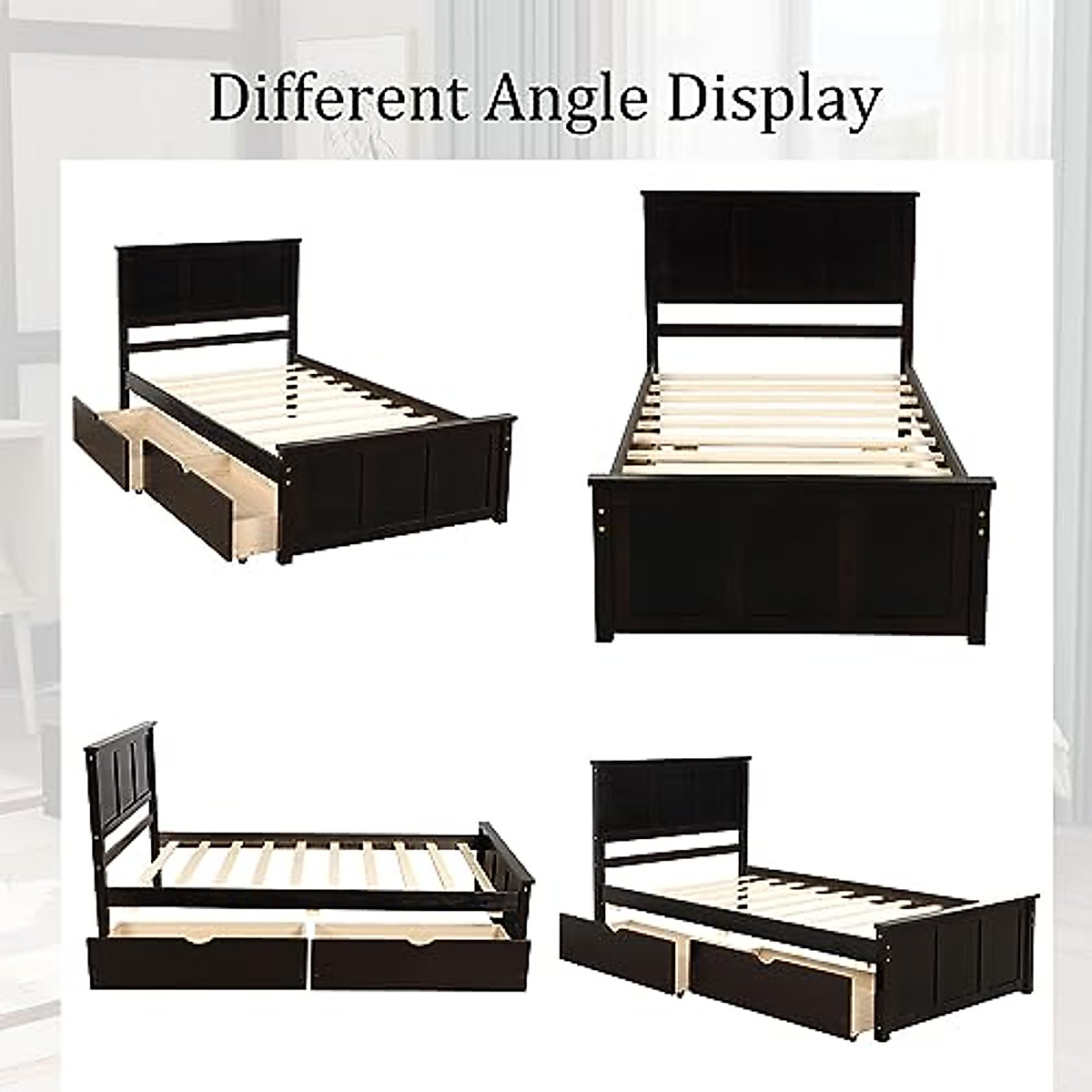 Platform Storage Bed with Two Drawers on Wheels, Solid Wood Single Bed with Support Slats, Single Bed Frame for Boys, Girls, Teenagers and Adults, No Springs Required (Espresso)