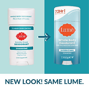 Lume Whole Body Deodorant - Invisible Cream Stick - 72 Hour Odor Control - Aluminum Free, Baking Soda Free, Skin Safe - 2.2 Ounce (Unscented)