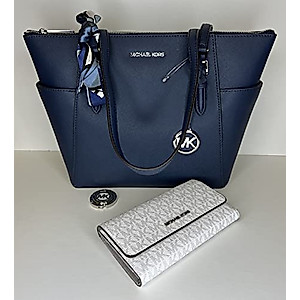 Michael Kors Charlotte Large Zip Tote bundled with matching Trifold Wallet Purse Hook (Navy/Signature MK Bright White)