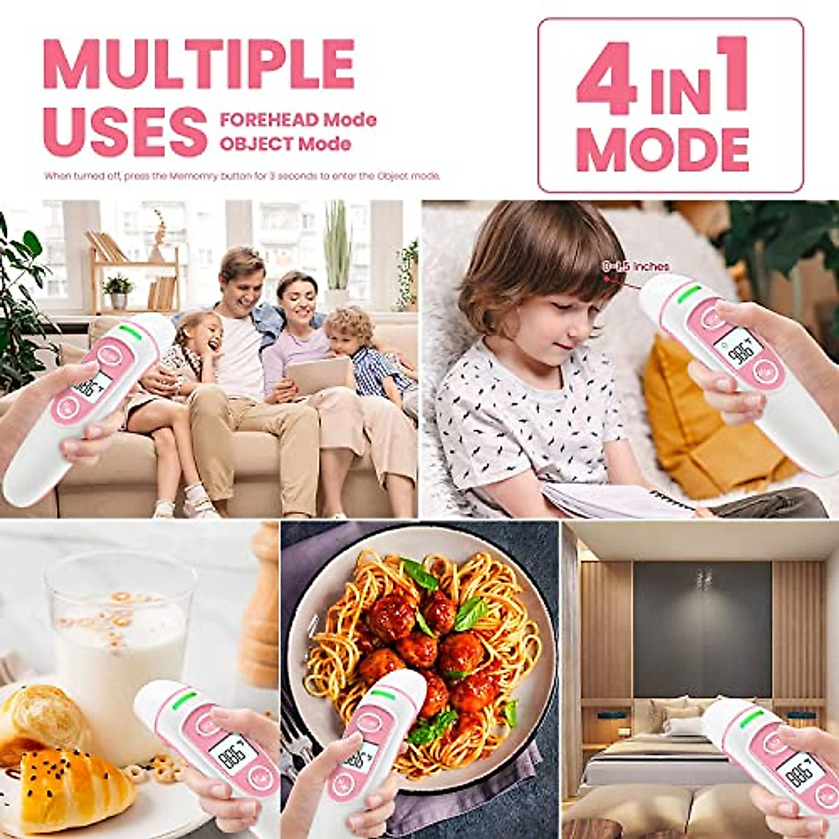 Forehead Thermometer for Adults and Kids, No-Touch Infrared Thermometer for Fever with LCD Display and Memory Function, Ideal for Family Use - Pink