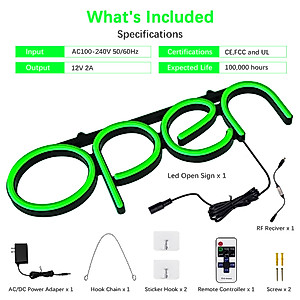 Led Open Signs for Business, 16 x 6 inch Open Sign, Neon Open Signs for Business, 8 Modes, Adjustable Brightness and Remote Control, 12 V / 2 A Power Supply (Green)