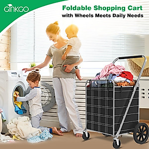 Jumbo Shopping Cart with Wheels and Liner 360° Metal Roller Foldable Grocery Laundry Cart, Up to 220 lbs