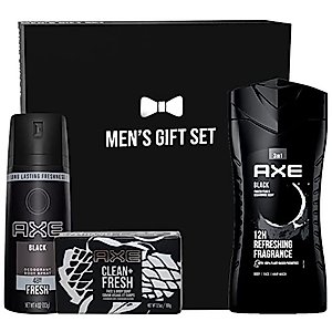 AXE VALENTINE'S DAY GIFT Set for Men, Includes Axe Black Night Cool Mint Body Wash, Axe Black Fresh Body Spray, Axe Fresh and Clean Face and Body Soap Bar, Mesh Shower Mitt, 4 Piece Set in Gift Box