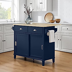 Crosley Furniture Cora Drop Leaf Kitchen Island Microwave Stand, Coffee Bar with Storage Drawers and Shelves, Navy