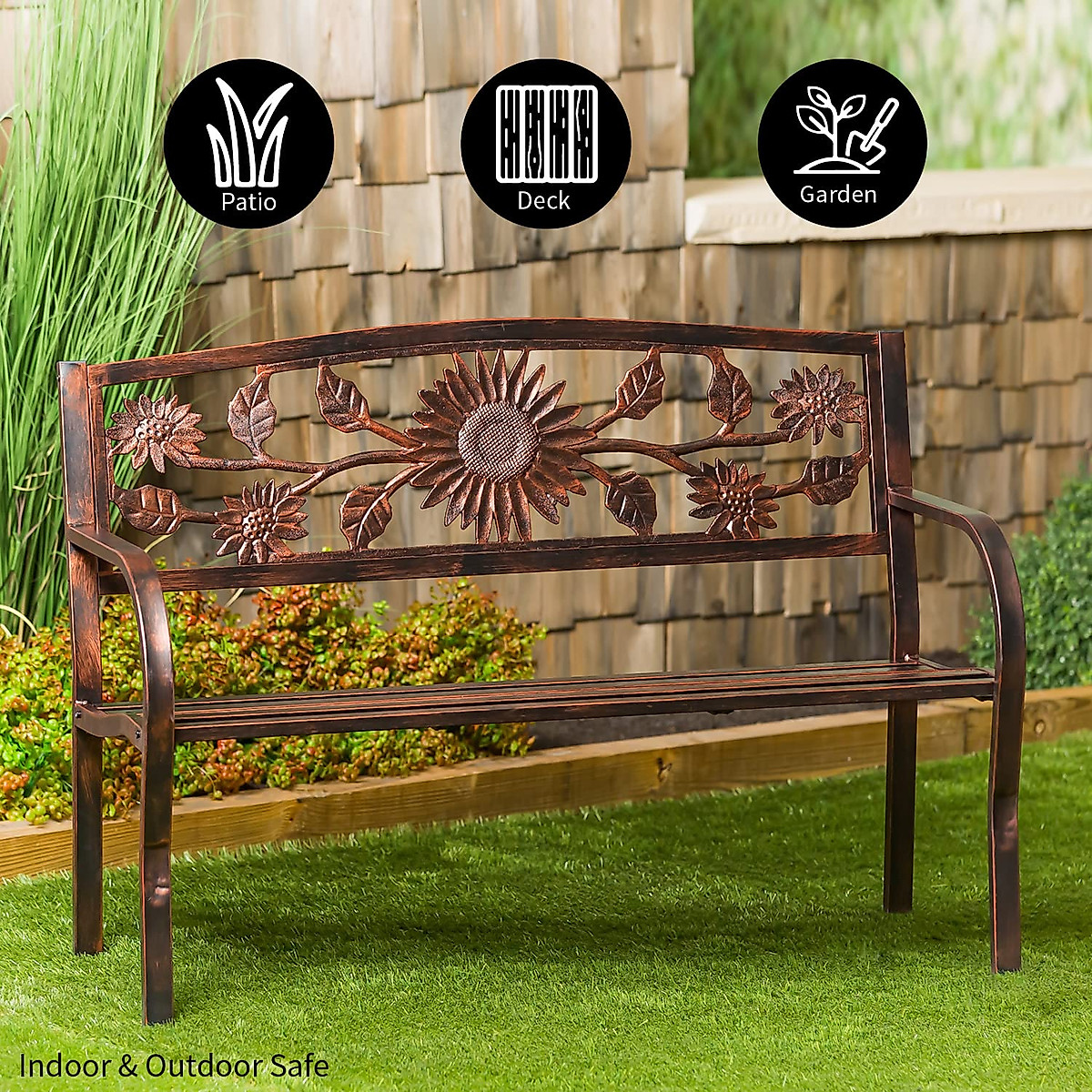 Plow & Hearth Weatherproof Outdoor Bench | Holds Up to 300 lbs | Garden Patio Porch Park Deck | Metal | Bronze