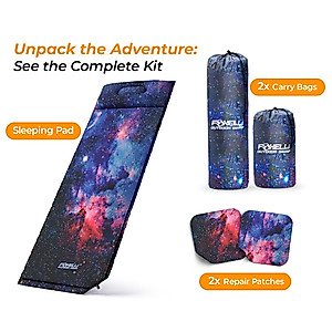 Foxelli Self Inflating Sleeping Pad for Camping, Backpacking, Hiking, Insulated Foam Lightweight Camping Mat, Inflatable Camp Mattress with Pillow