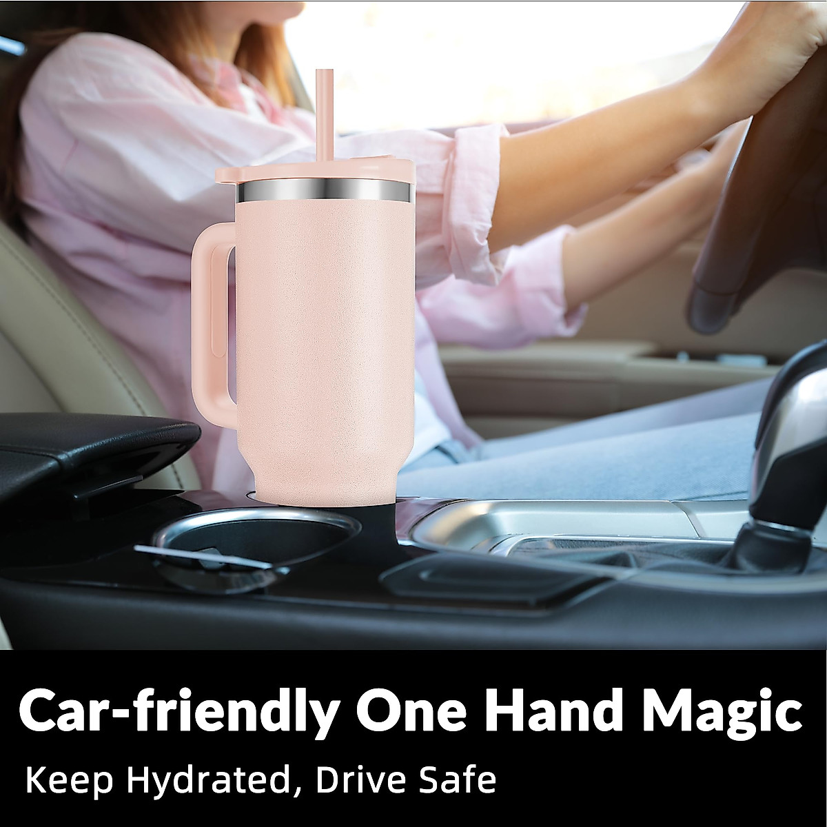 WETOWETO 40oz Tumbler with Handle and Lid | 100% Leakproof Insulated Stainless Steel Travel Mug | Keeps Cold 34Hrs/Hot 10Hrs | Dishwasher Safe, Fits Car Cup Holder (Rose Quartz Color)