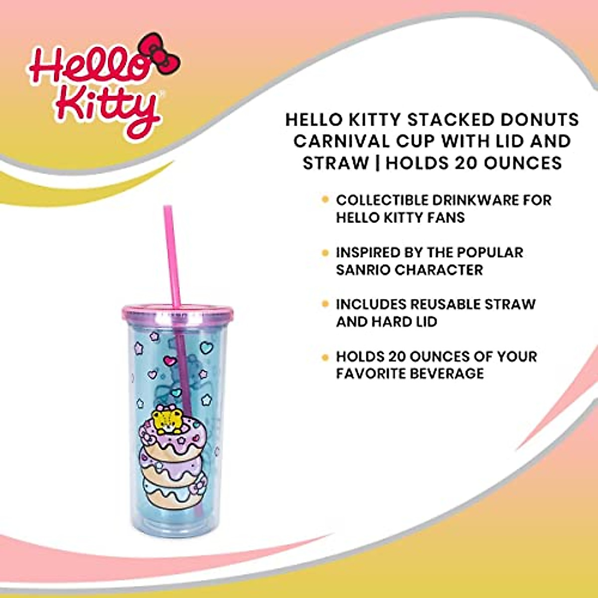 Sanrio Hello Kitty Stacked Donuts Carnival Cup with Reusable Straw and Leakproof Lid | Plastic Cold Cup for Boba Milk Tea Beverages, Home & Kitchen Essentials | Cute Kawaii Gifts | Holds 20 Ounces
