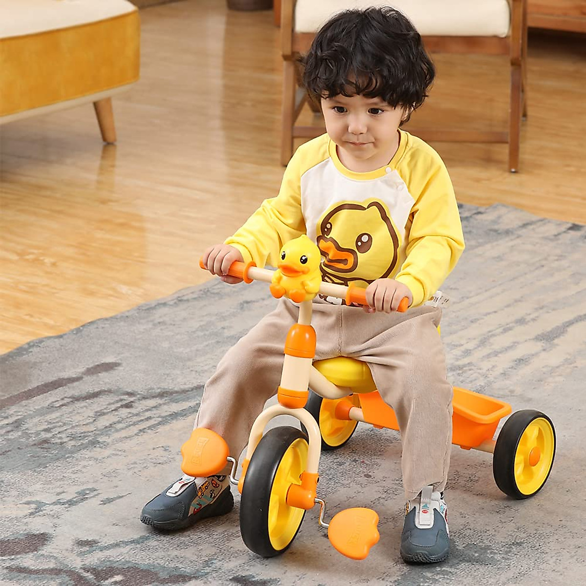 Toddler Tricycle Outdoor Trike for 1-3 Years Old with Storage Bin, Cute Riding Toys Gift for Girls Boys, Carbon Steel Frame and Silent Wheels (Yellow)
