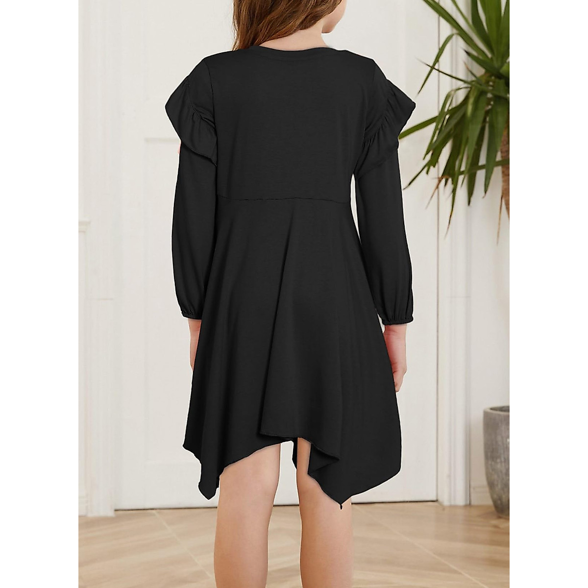 blibean Girls Long Sleeve Dress Tween Fall Boho Puff Dresses Cute Tiered Elastic Cuff High Low Ruffle Outfit Swing Clothes Midi Kid Clothing Size 8-9 Years Old Solid Black