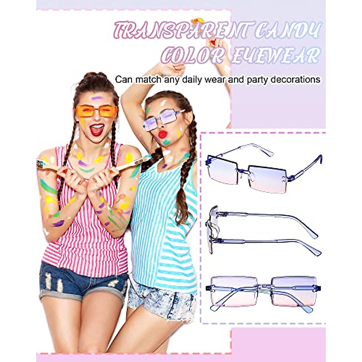 LEIFIDE 16 Pairs Rimless Rectangle Sunglasses Vintage Frameless Sunglasses Transparent Candy Color Glasses Tinted Retro Square Eyewear for Women Men, 16 Colors