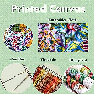 14 CT Cross Stitch Kits for Beginners Teacup & Poppy Printed Stamped Cross-Stitch Supplies Needlework Printed Embroidery Kits DIY Kits Needlepoint Starter Kits 34×26cm